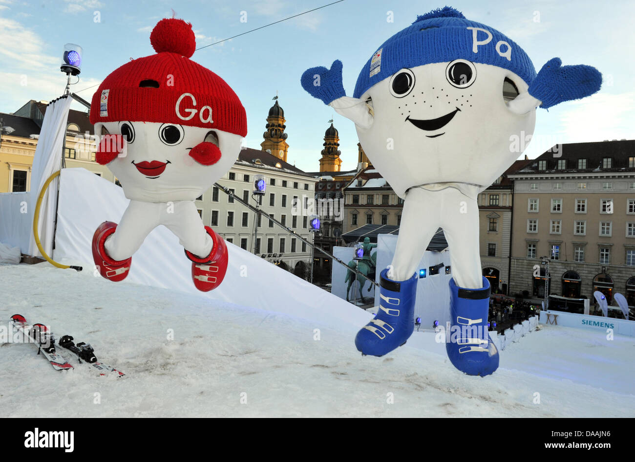 The mascots of the ski world cup 2011, "GA" and "PA," stand in front of ...
