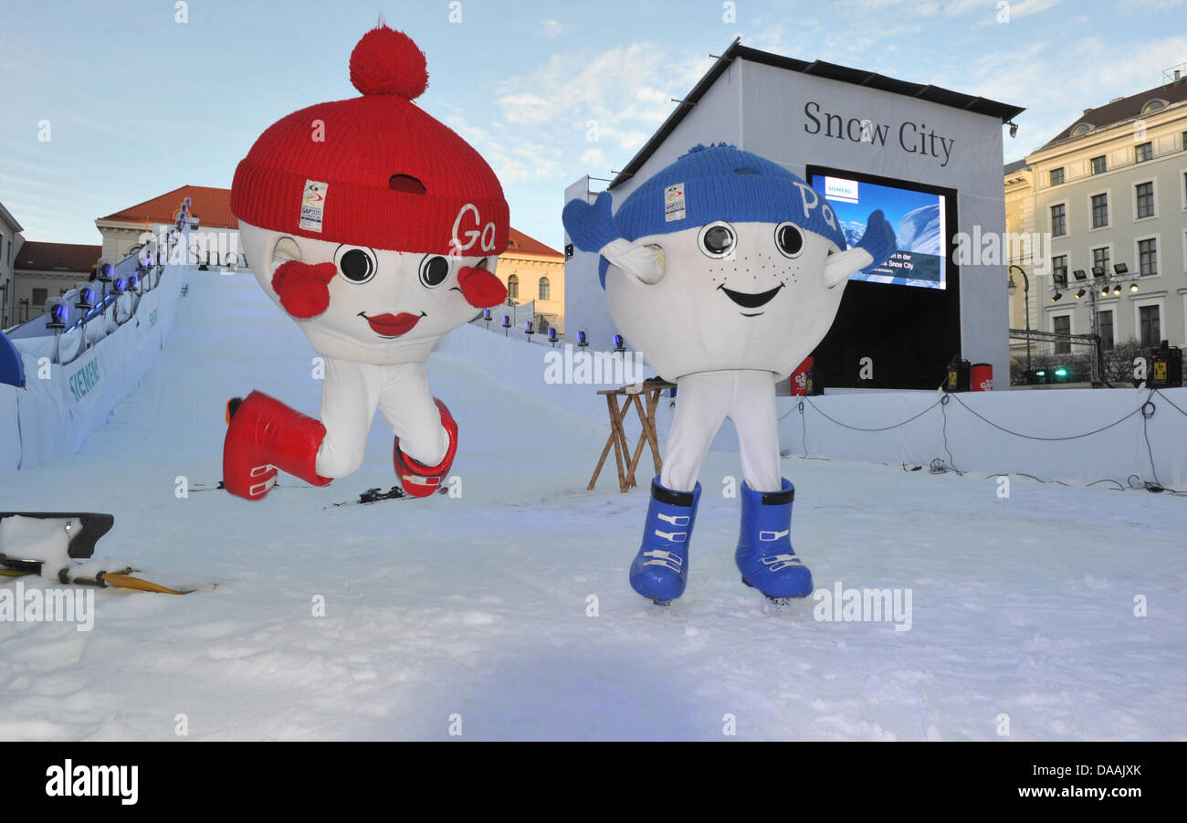 The mascots of the ski world cup 2011, "GA" and "PA," stand in front of ...