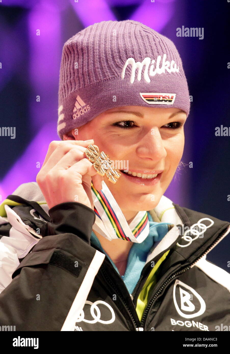German Maria Riesch (Bronze) celebrates during the medal ceremony for ...