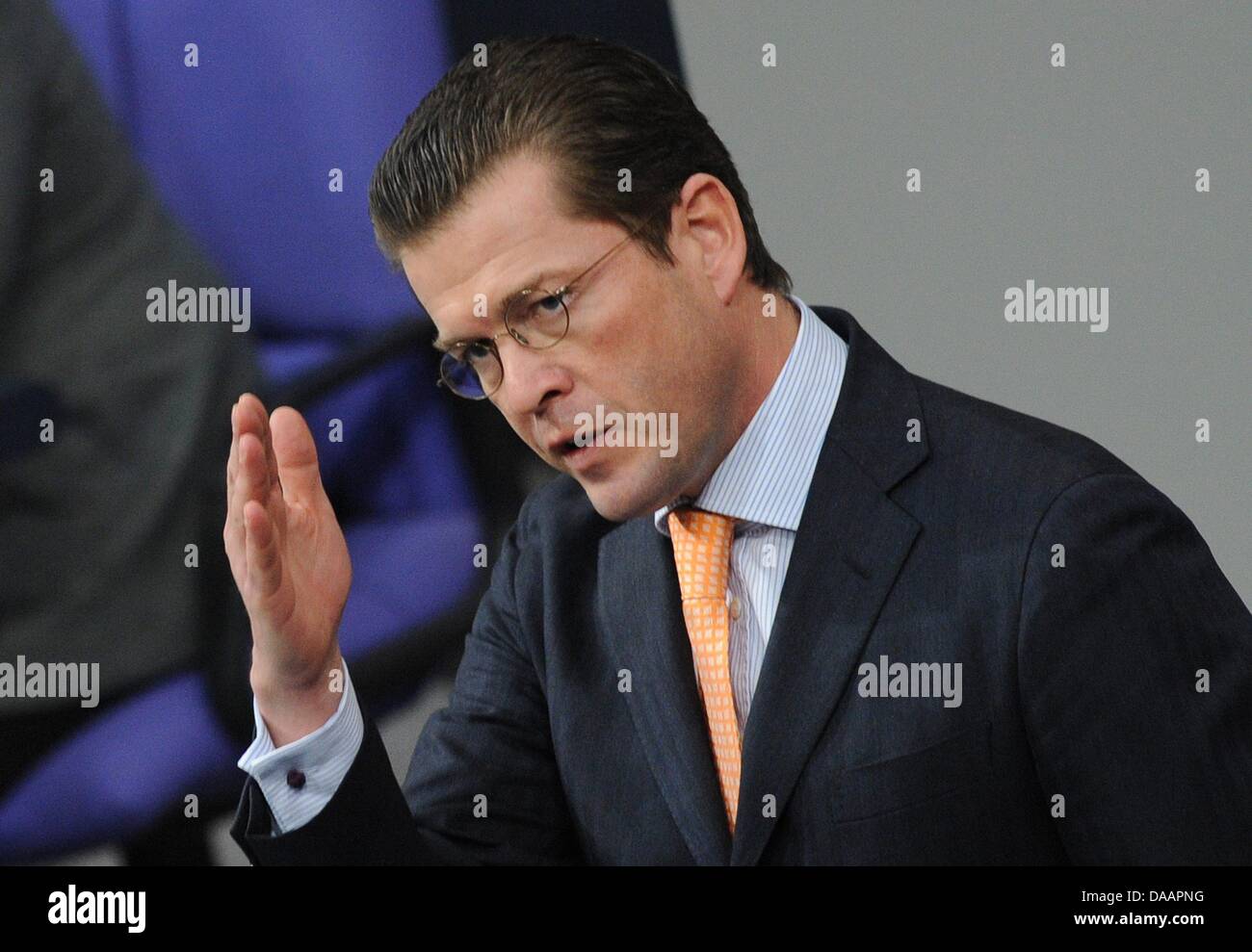 German Minister of Defence Karl-Theodor zu Guttenberg delivers a speech ...