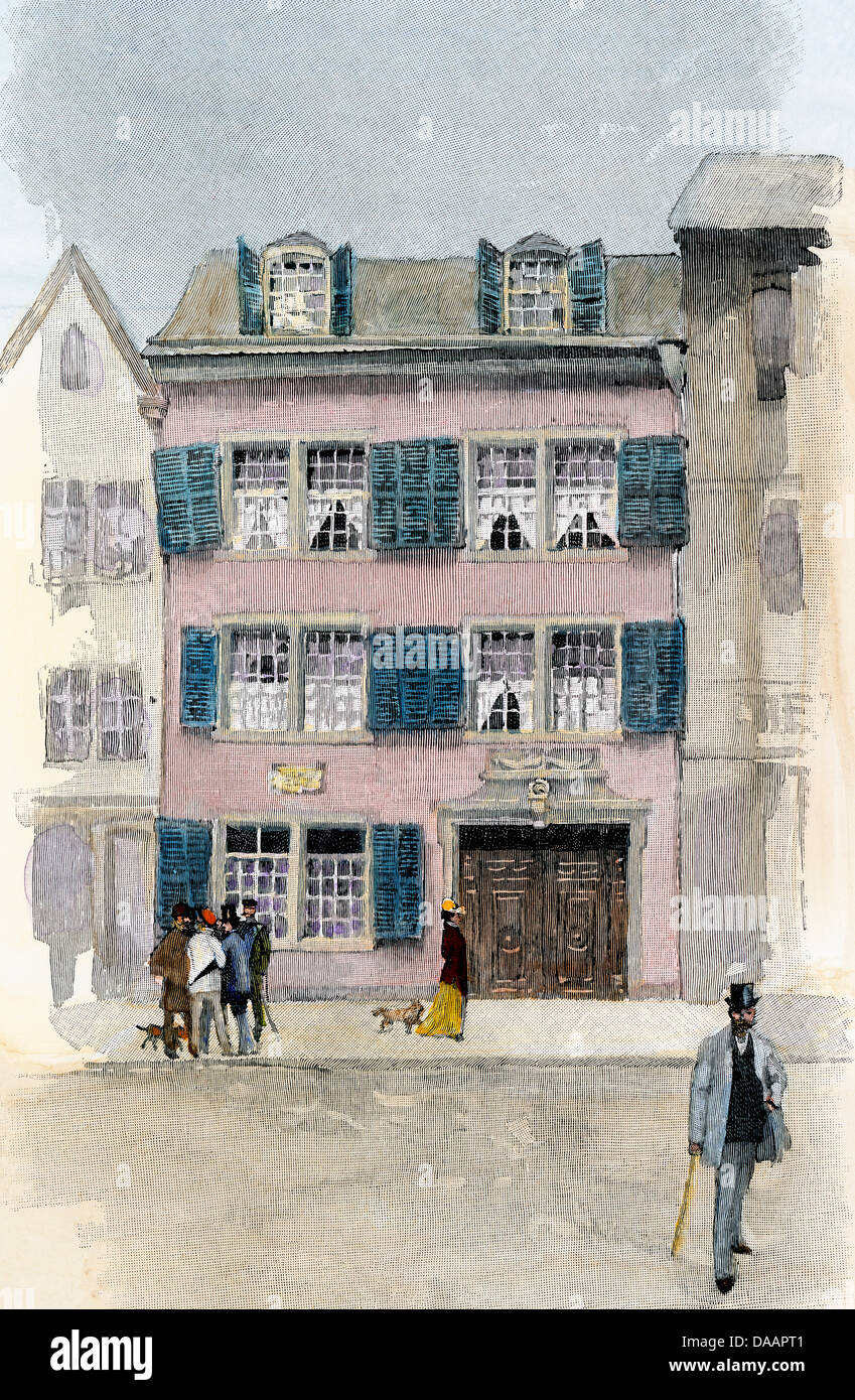 Birthplace of Ludwig van Beethoven in Bonn, viewed in the 1800s. Hand ...