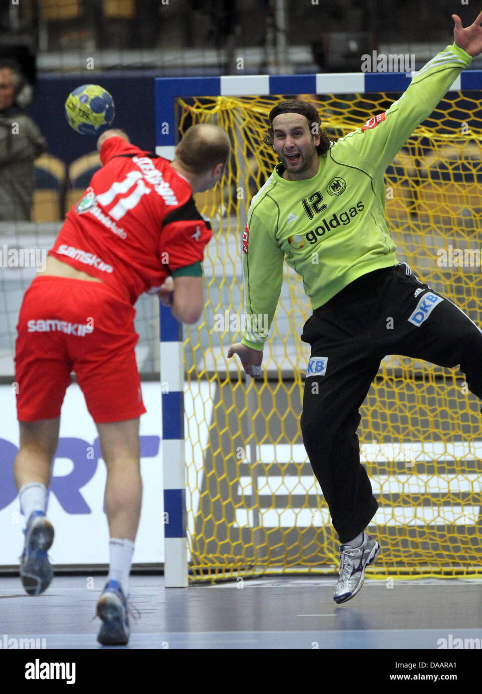 Goal keeper Silvio Heinevetter (R) of Germany against Olafur Stefansson ...