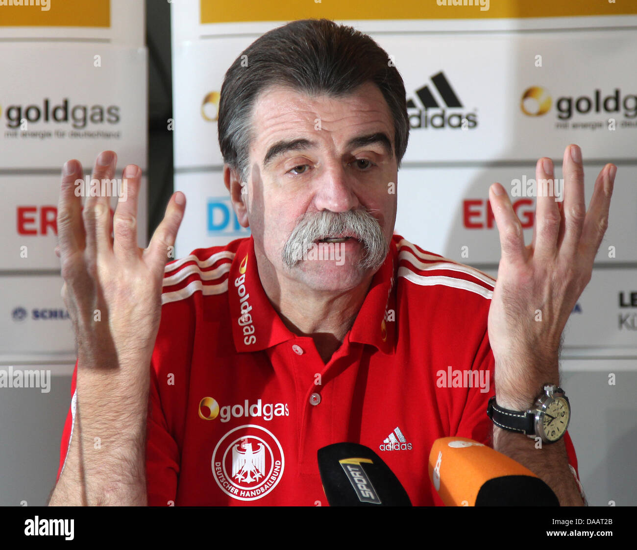 German national coach Heiner Brand makes a statement during a press ...