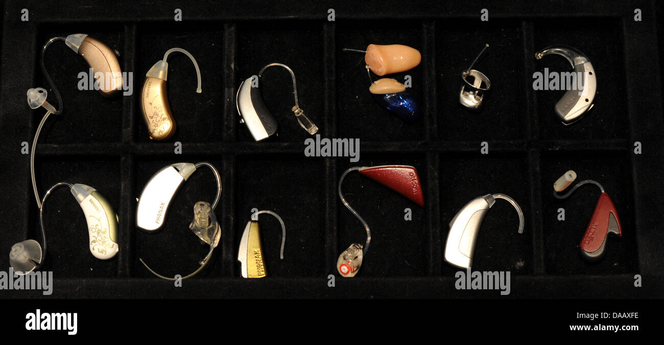 Various hearing aid devices are on display in Hanover, Germany, 20 ...