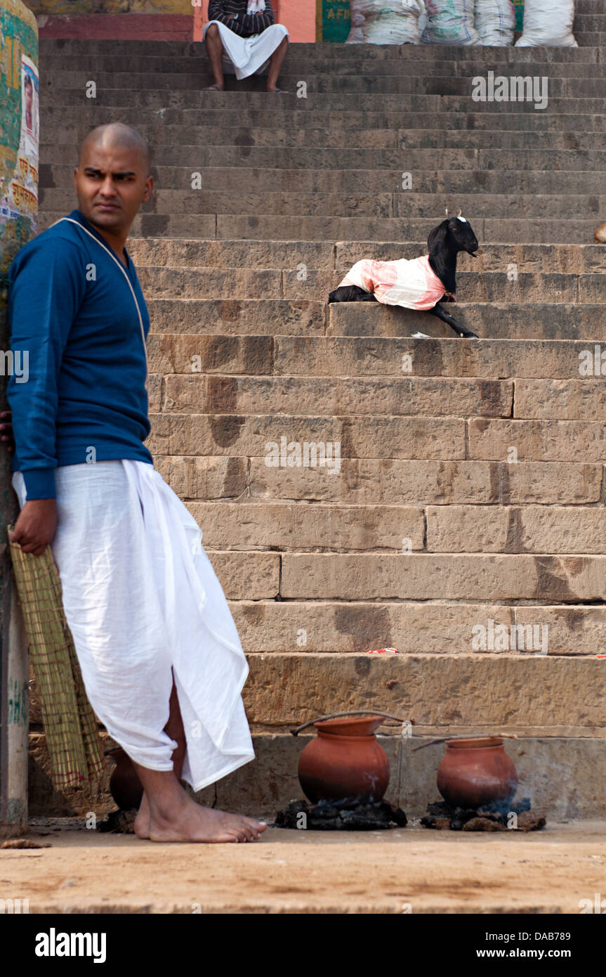 Brahmin cast man on the ghats. Varanasi, Benares, Uttar Pradesh, India ...