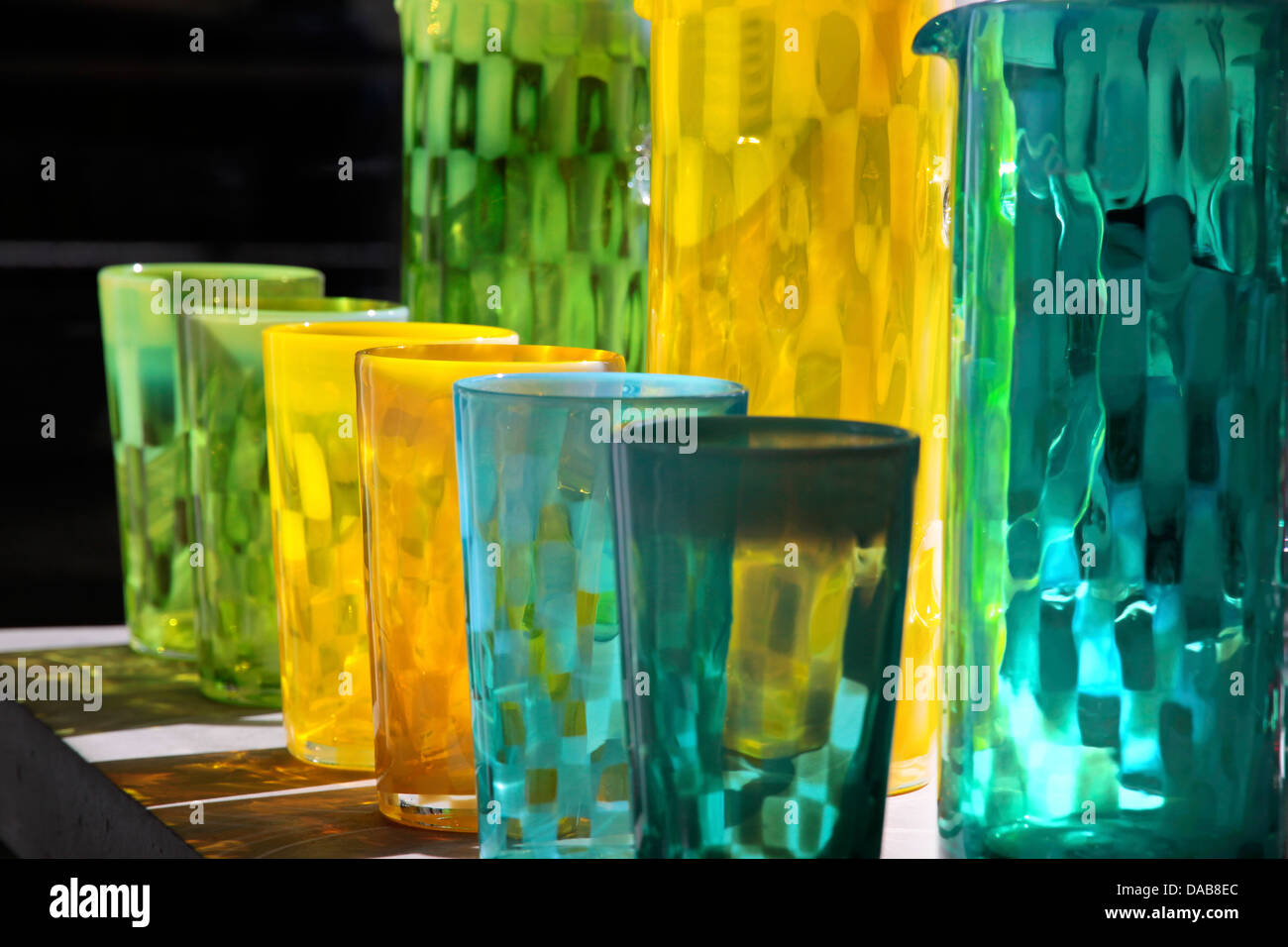 Colorful jars (green, blue, yellow), typical handicrafts on Bornholm ...