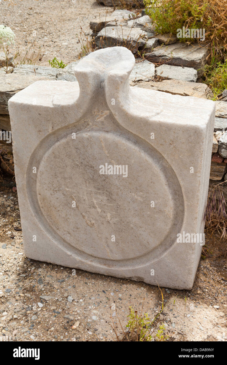 A carved stone exhibit, Delos Archaeological Site, Delos, near Mykonos ...
