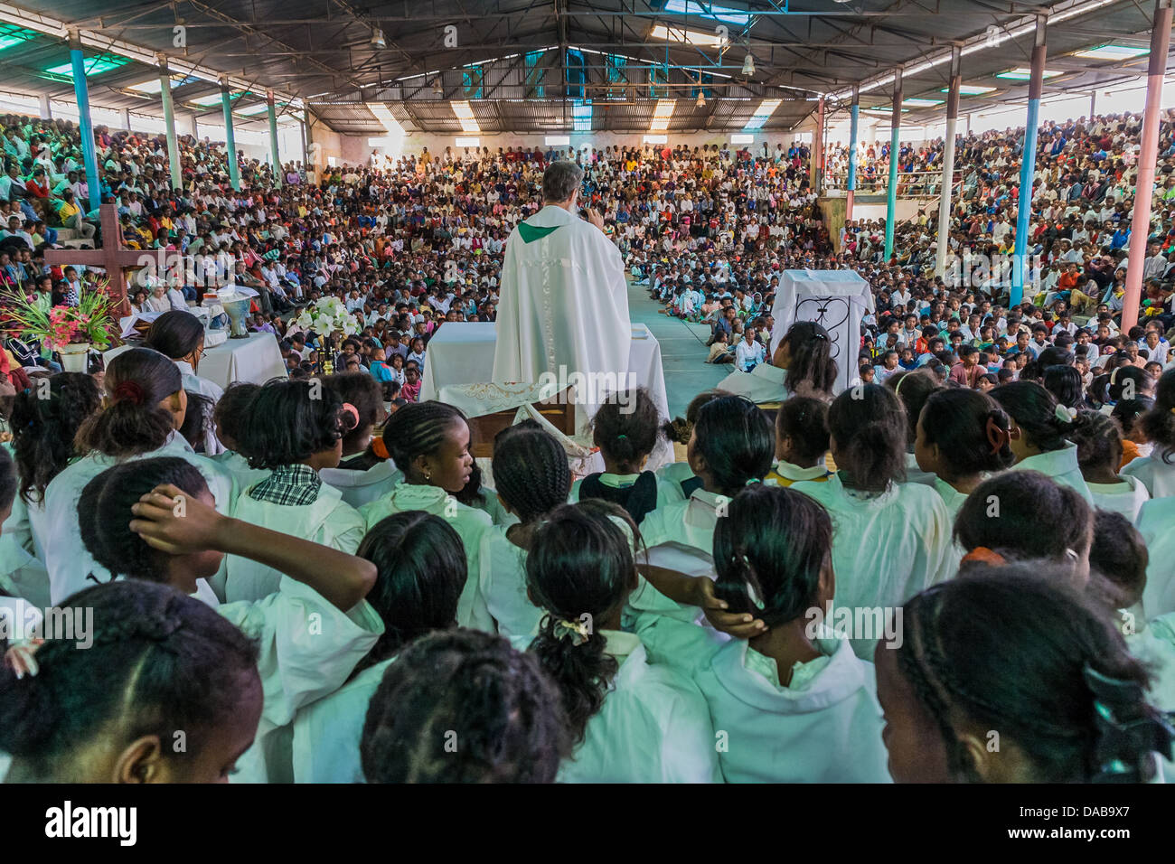 Father Pedro Opeka during his mass in his village of Akamasoa ...
