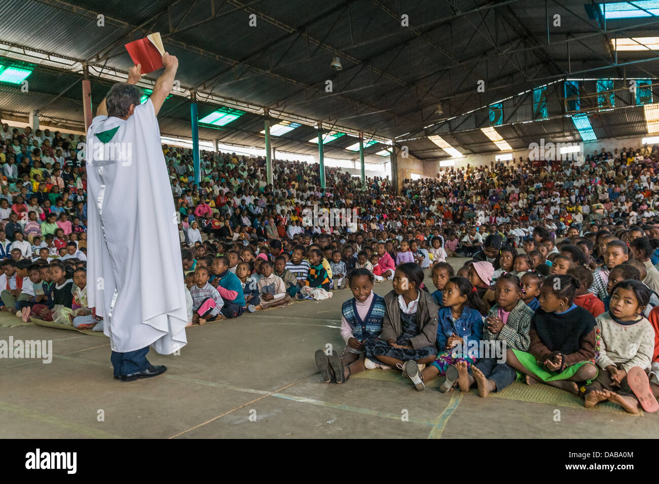 Father Pedro Opeka during his mass in his village of Akamasoa ...