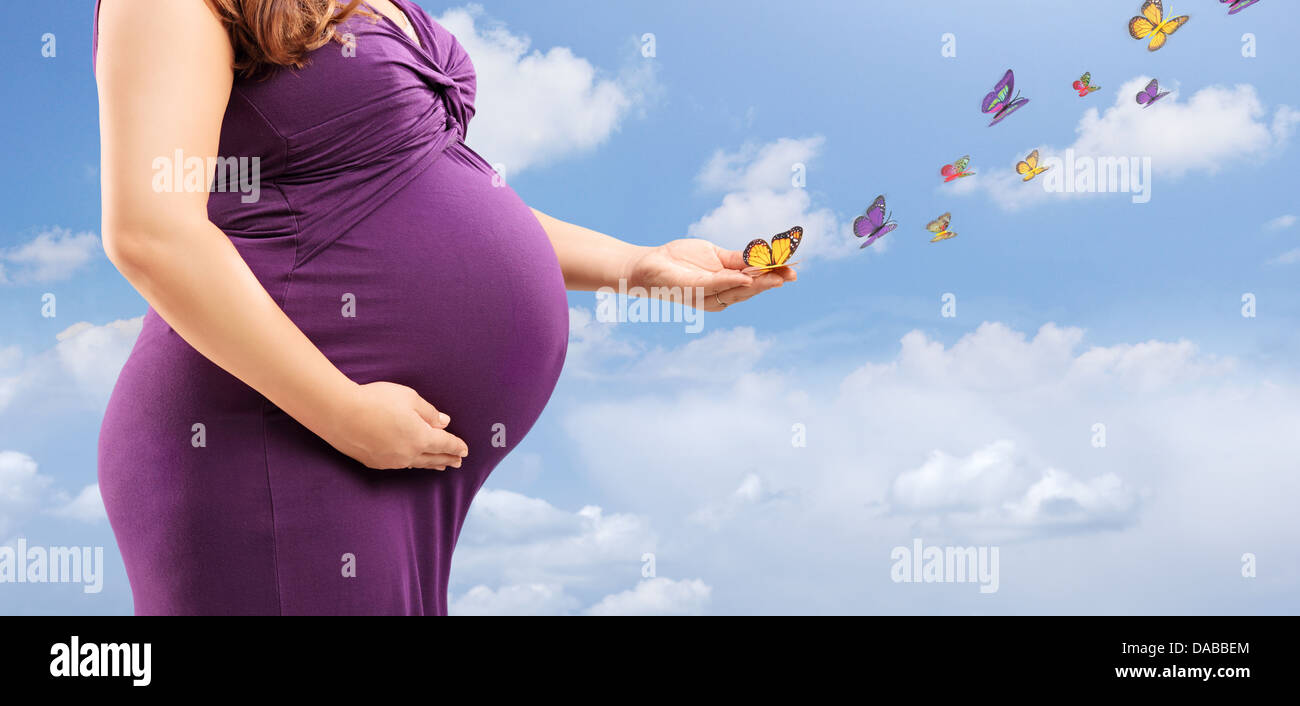 Pregnant Woman Holding Her Belly And Butterflies On Her Hand Stock