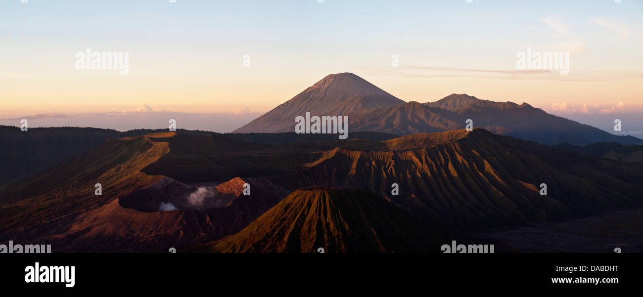 Panoramic view of Bromo volcano and Semeru in background Stock Photo ...