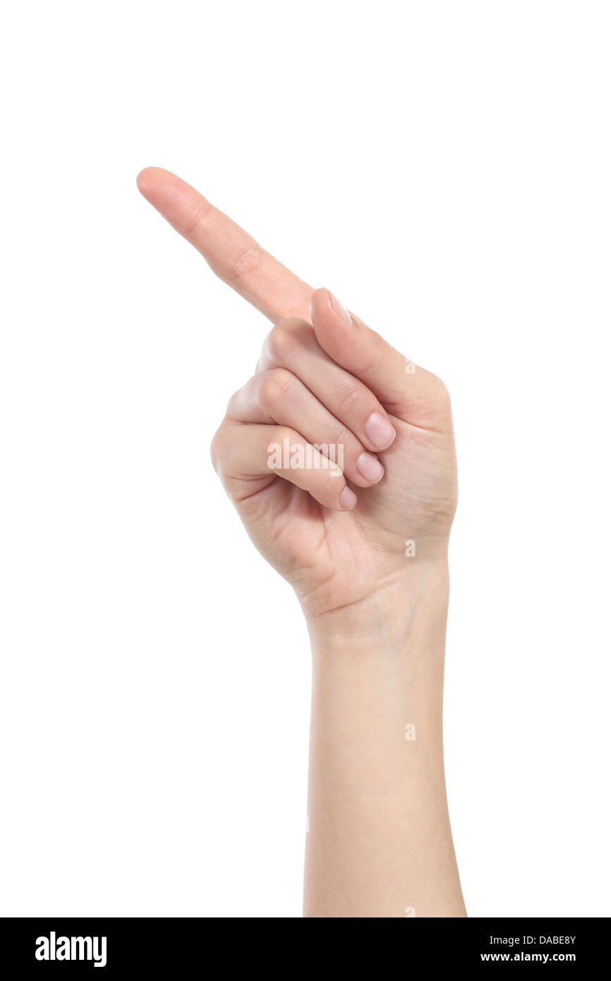 Woman hand pointing at side with forefinger isolated on a white ...