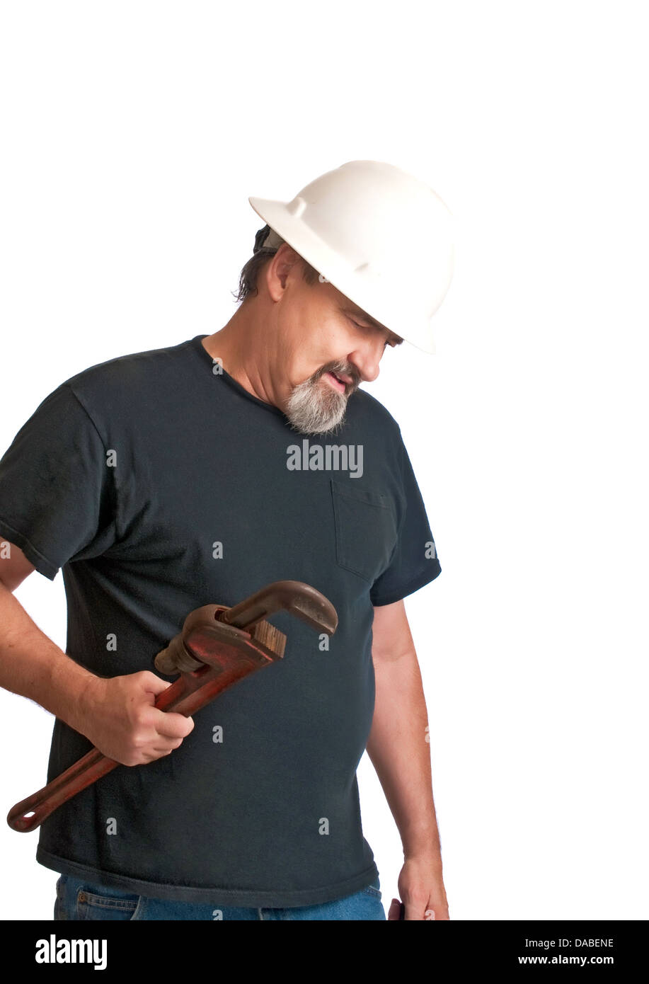 Construction worker with a pipe wrench working on the job Stock Photo ...