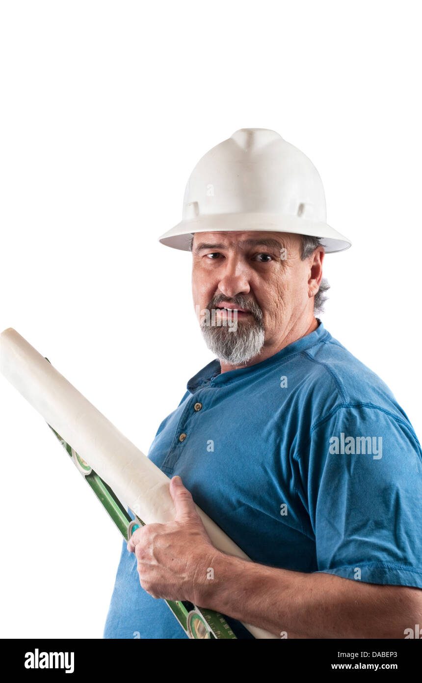 Construction worker isolated against a white background Stock Photo - Alamy