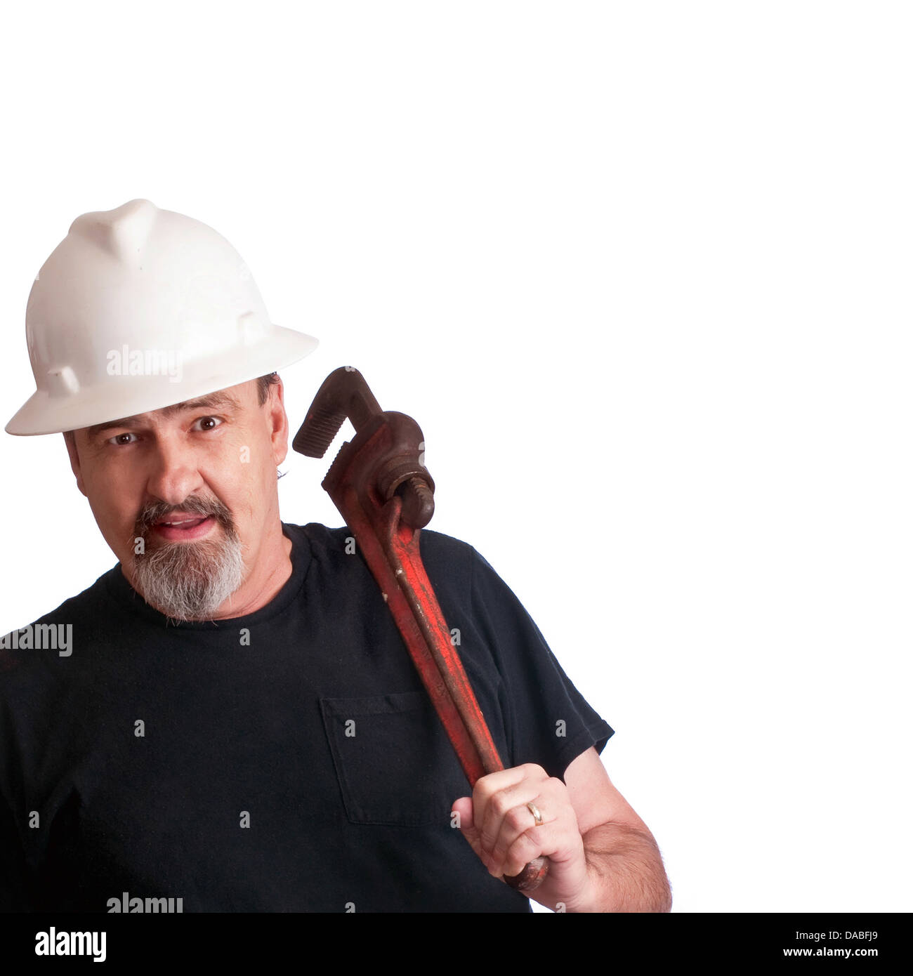 Construction worker with a pipe wrench ready to get to work on the job ...