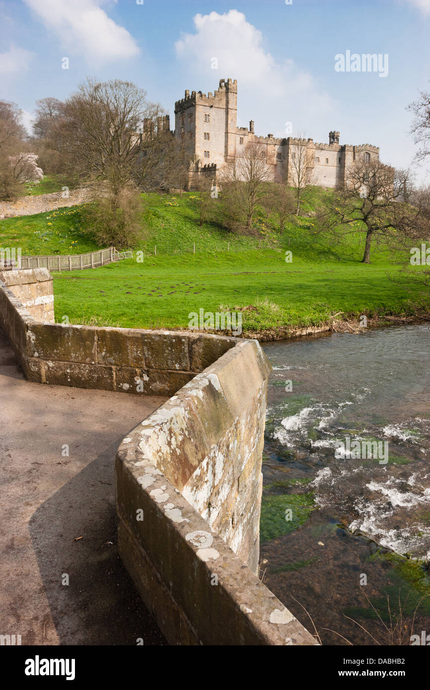 Approach to Medieval Haddon Hall in Derbyshire from the bridge over the ...