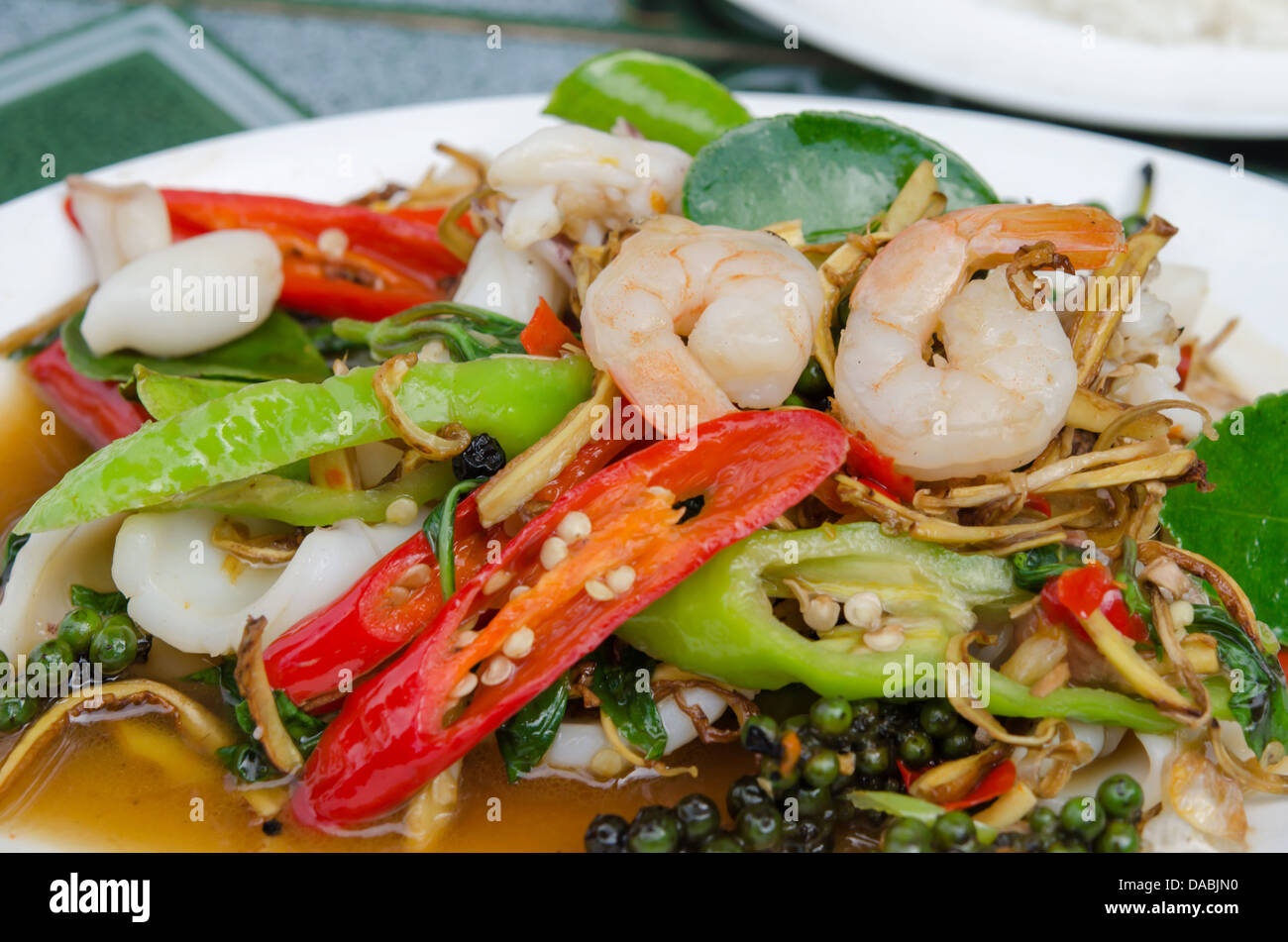 close up fried herbal vegetables with mix seafood Stock Photo - Alamy