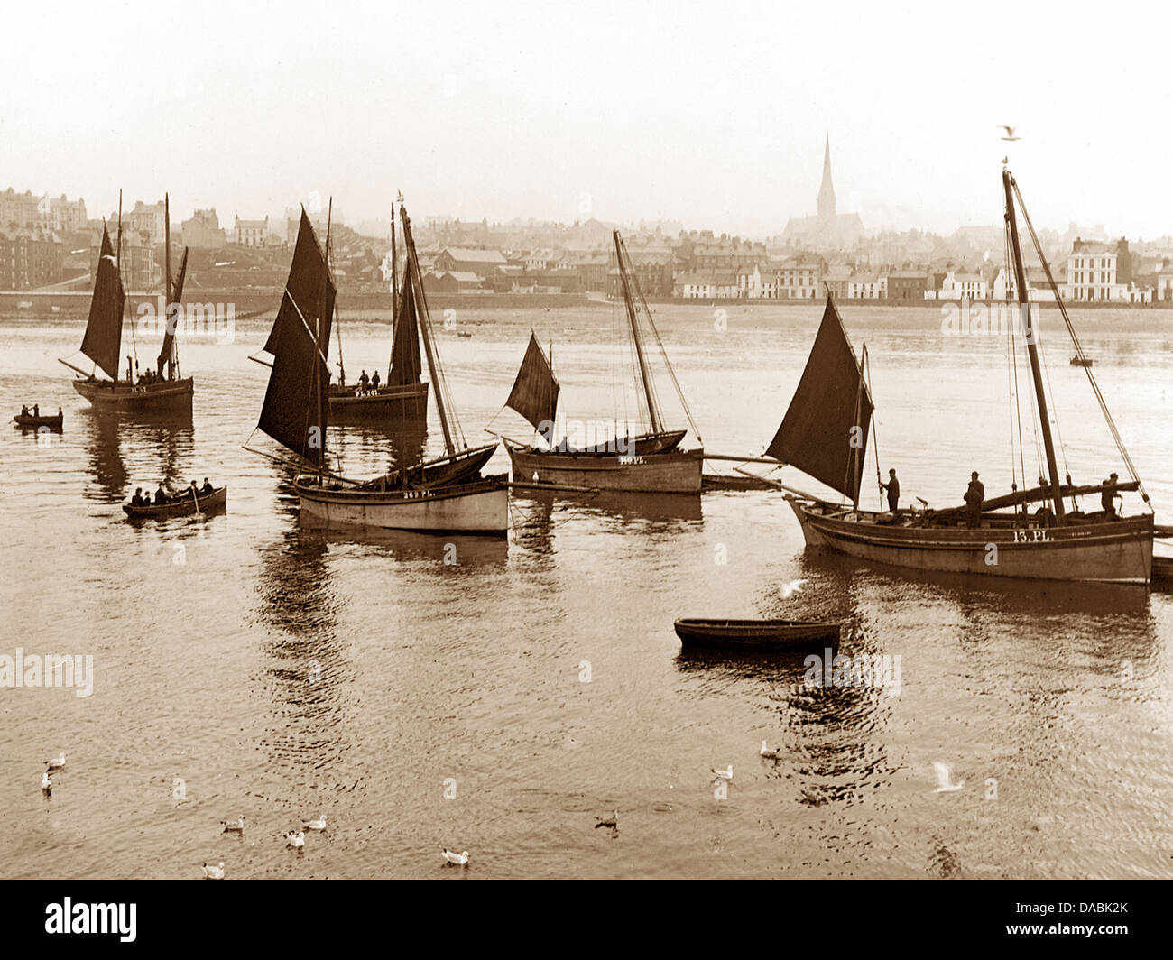Peel bay Isle of Man Fishing Smacks early 1900s Stock Photo - Alamy
