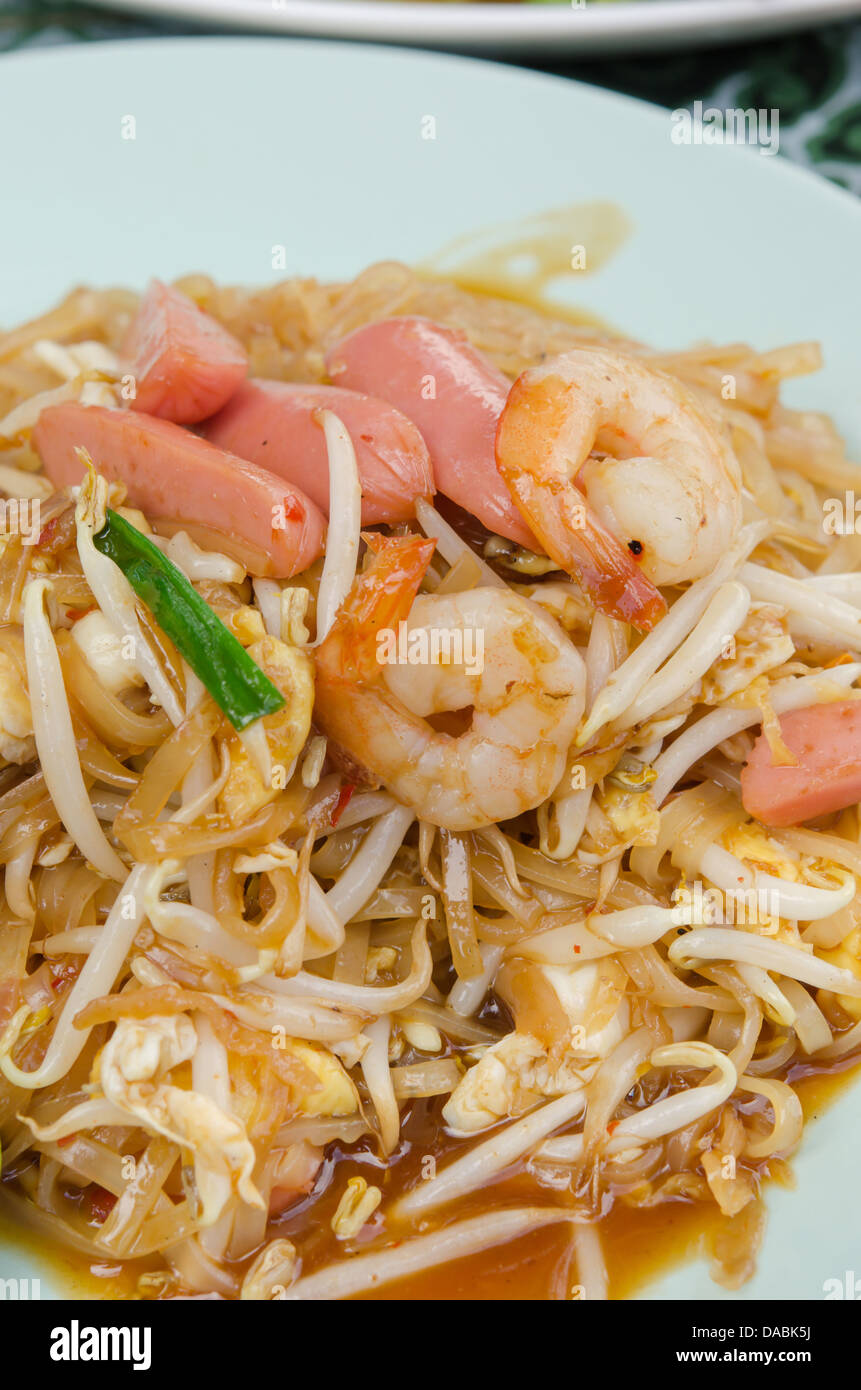 close up of Pad Thai , stir fried noodles with shrimp ,sausage , egg ...