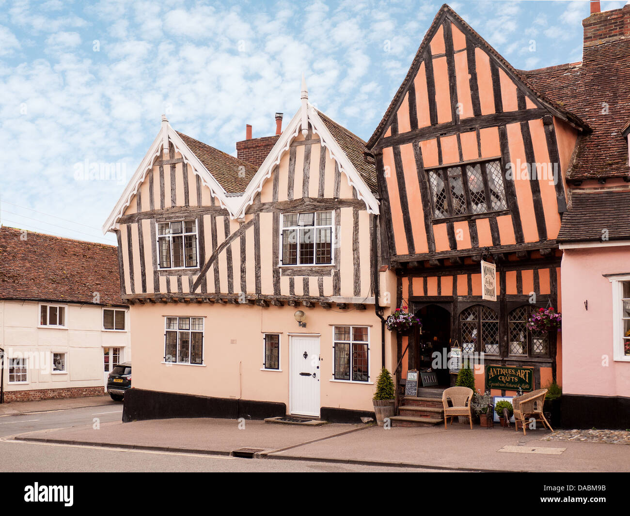 Half-timbered wooden shops and houses in the medieval village Lavenham ...