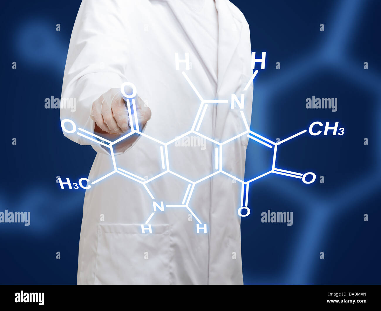 Chemistry researcher working on chemical molecular model on transparent ...