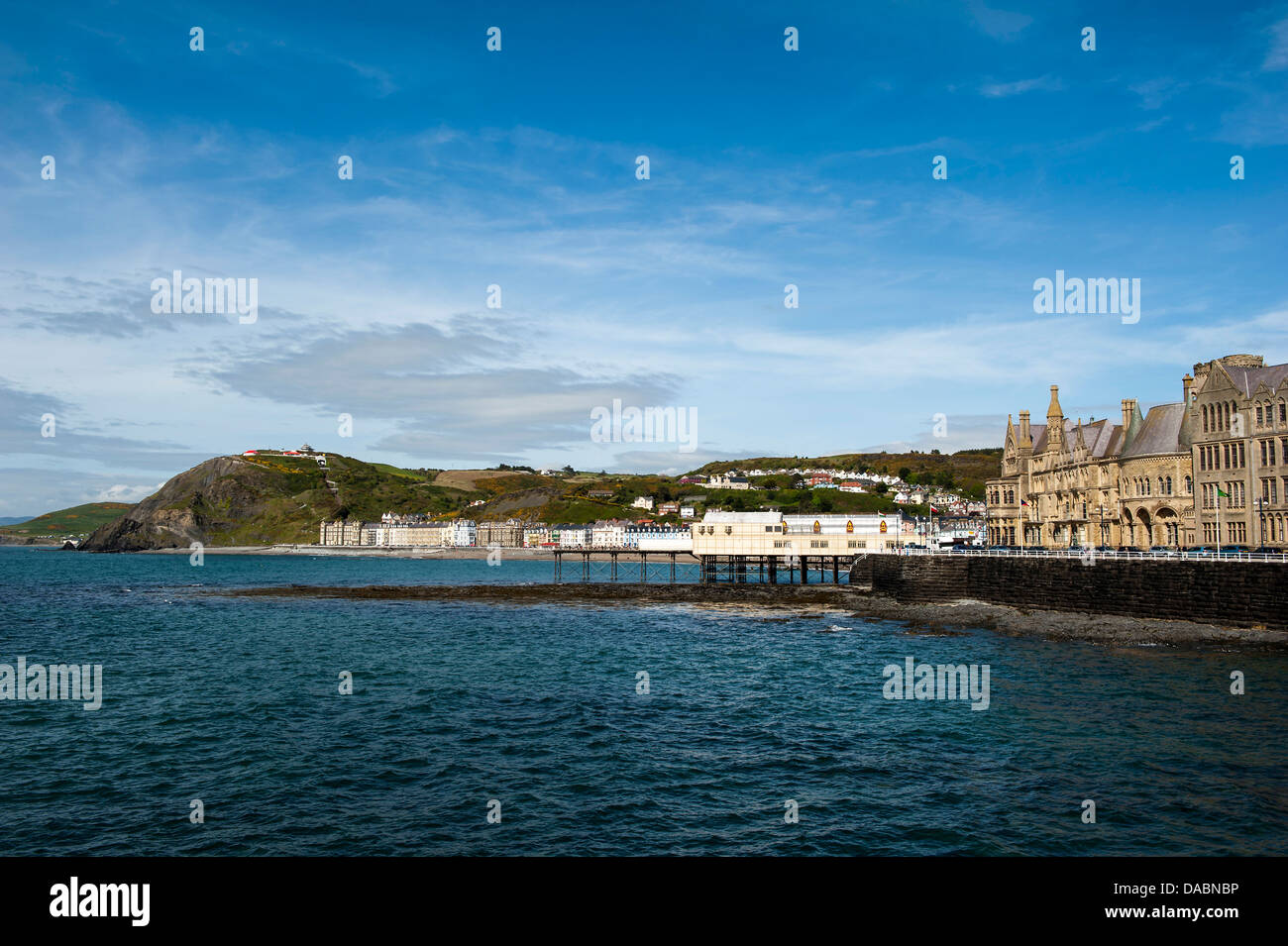 Coastal view of Aberystwyth with university pier and funicular Wales ...