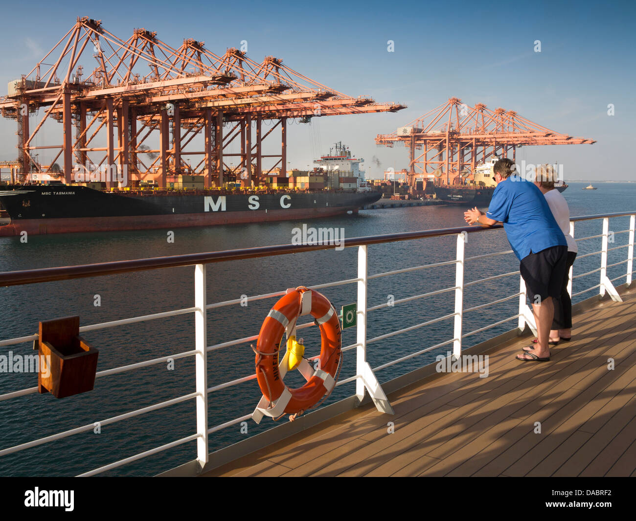 Oman, Dhofar, Salalah, Port, MV Minerva departing harbour, passengers ...