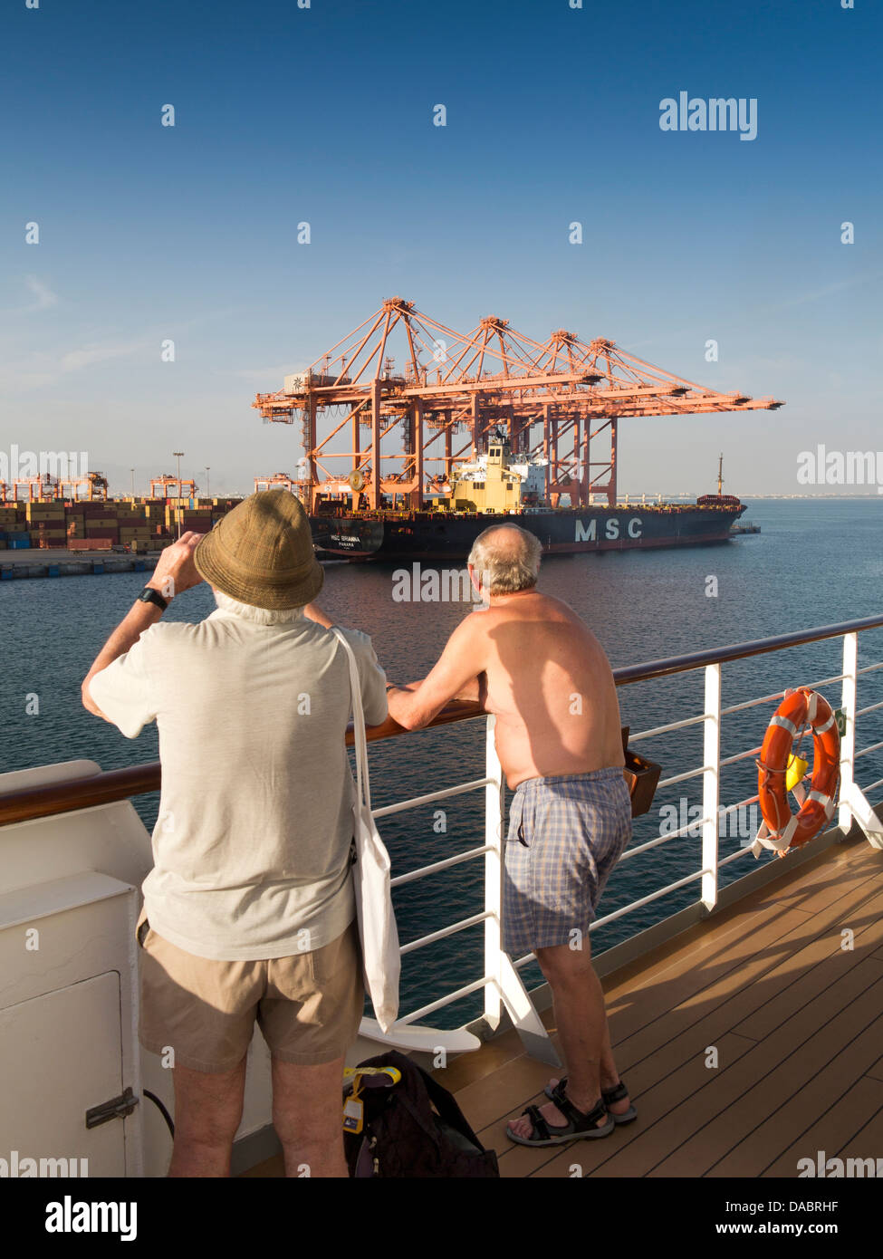 Oman, Dhofar, Salalah, Port, MV Minerva departing harbour, passengers ...
