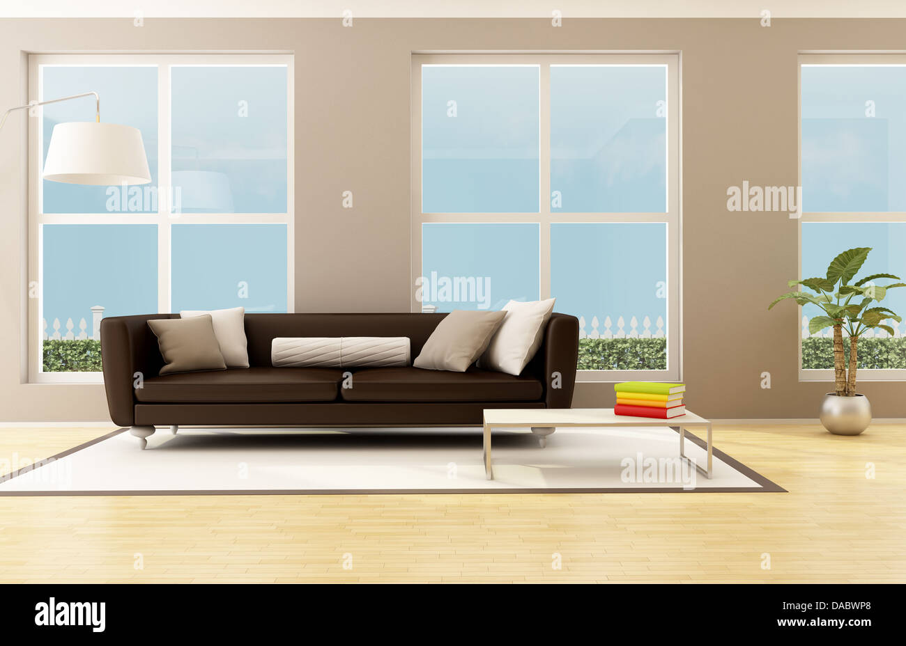 bright living room with brown sofa and big windows - rendering Stock ...