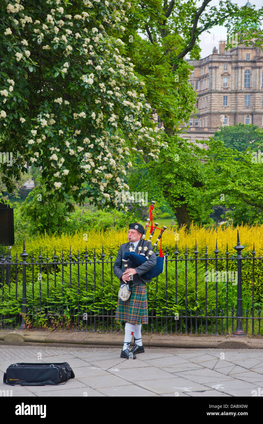 Bag pipe player on Princes street central Edinburgh Scotland Britain UK ...