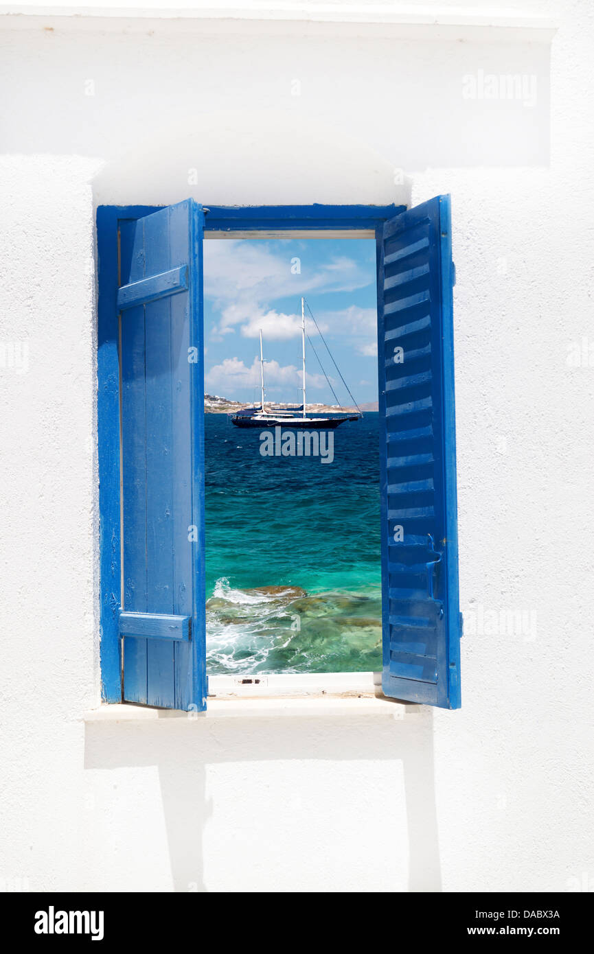 Traditional greek window on Sifnos island, Greece Stock Photo - Alamy