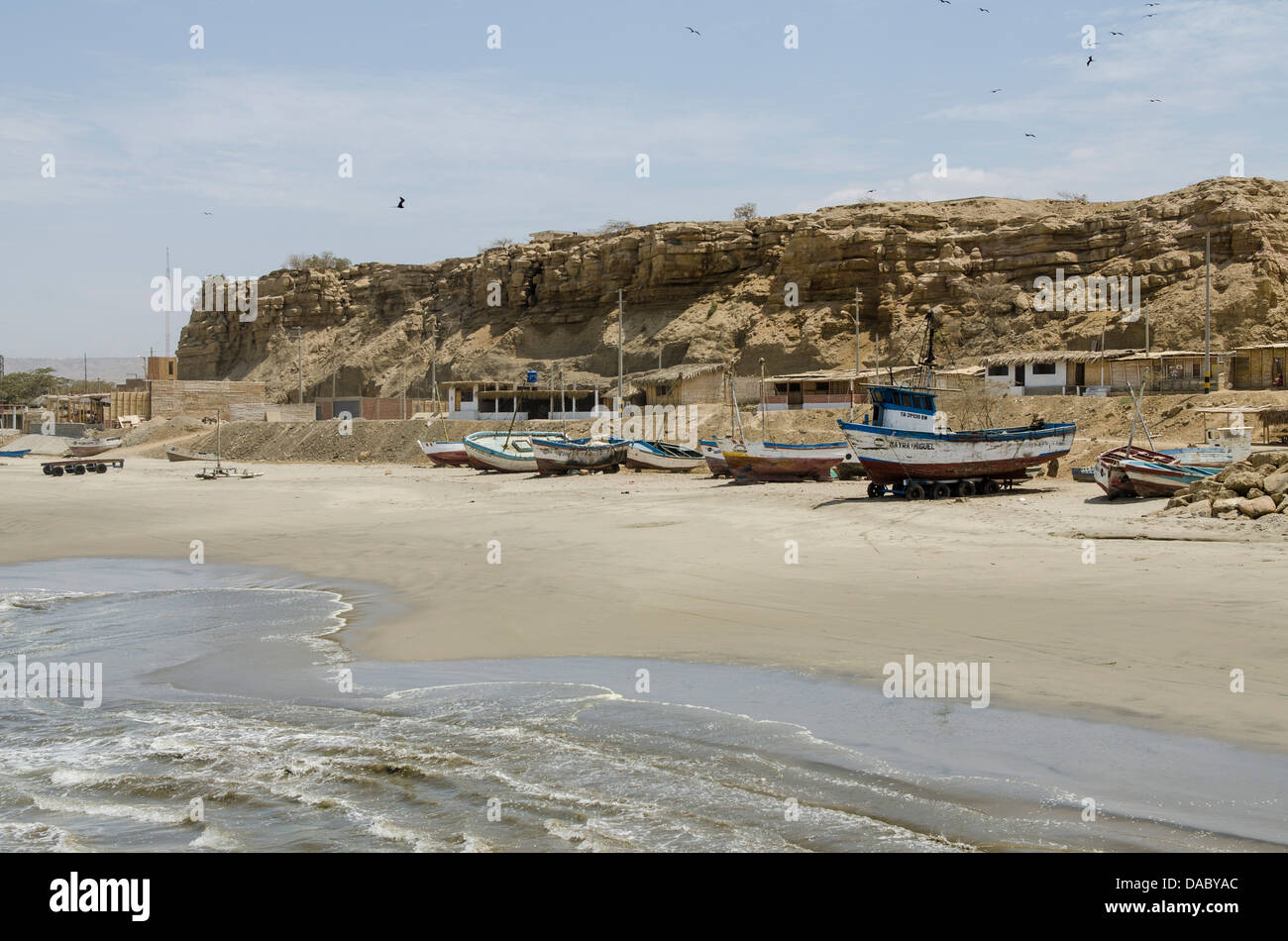 Fishing boats on beach Los Organos village near Mancora, Peru, South ...