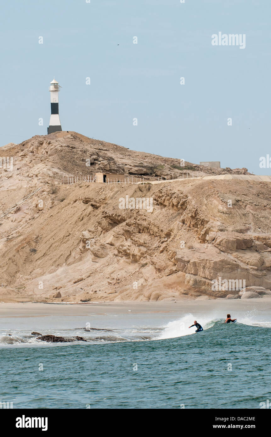 Surfing lighthouse beacon coastline shoreline coast at Cabo Blanco ...