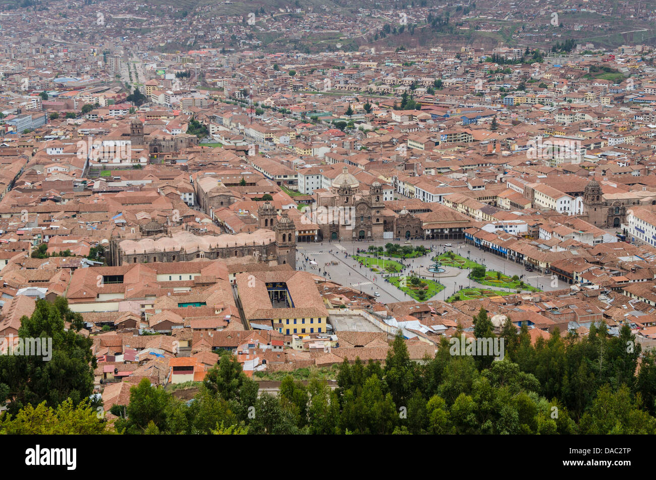 Aerial view of Cusco cityscape skyline with Plaza de Armas from hill ...