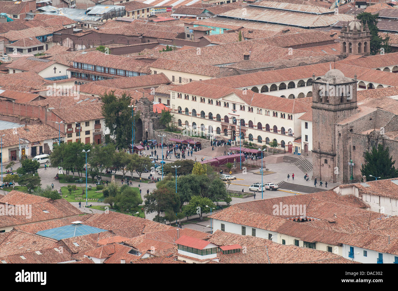 Aerial view of Cusco cityscape skyline with Plaza de Armas from hill ...