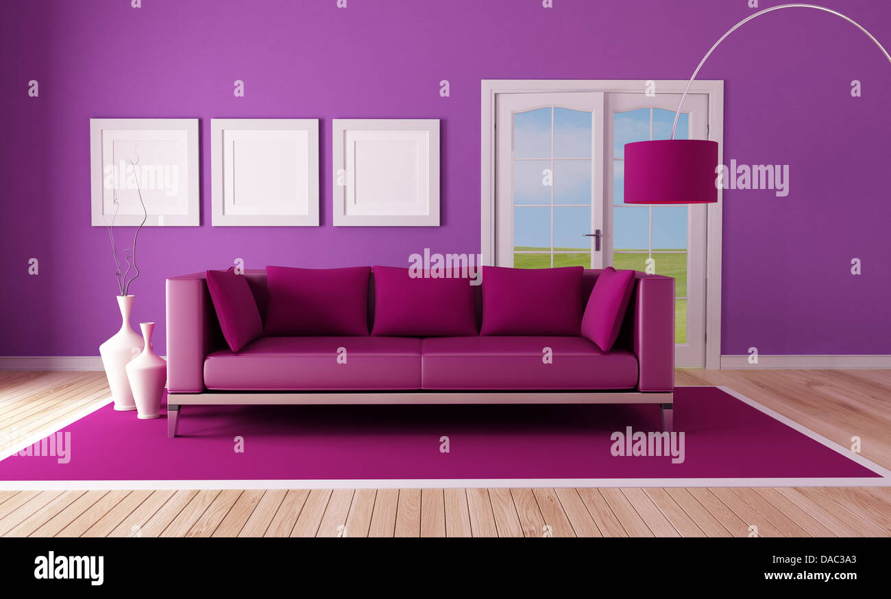 country purple living room with modern couch on carpet-the image on ...