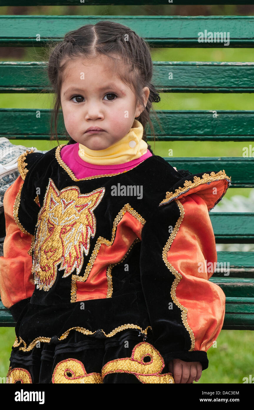 Inca incan native indian girl in her traditional Sunday costume plaza ...