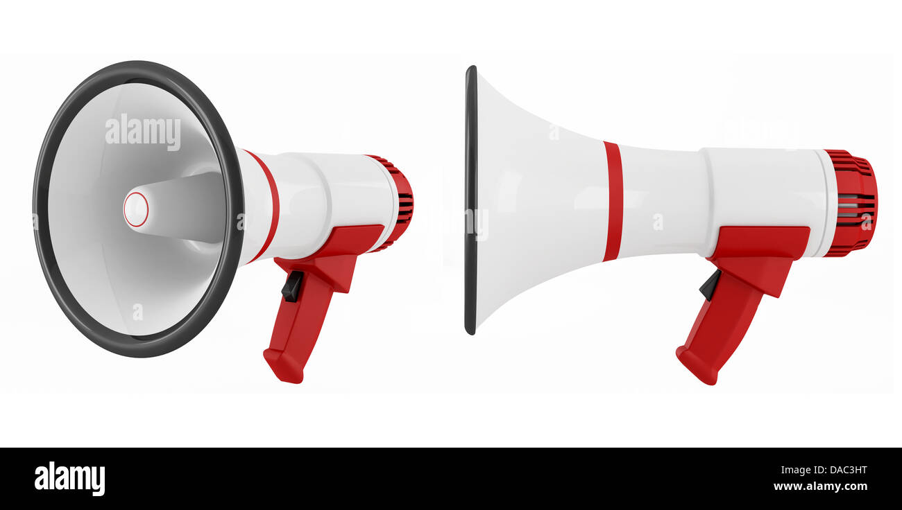 two white and red megaphone isolated on white - rendering Stock Photo ...