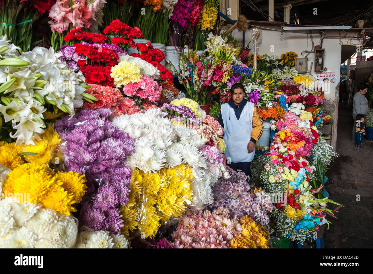 Inca woman flower vendor tends sells selling flowers floral produce ...