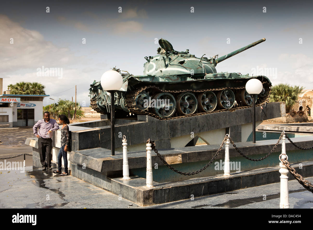 Africa, Eritrea, Massawa, Tualud, two visitors at War Memory Square ...