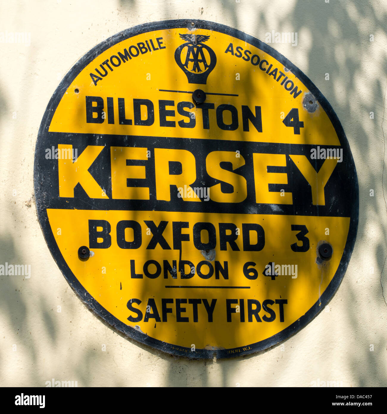 An old round AA (Automobile Association) sign for Kersey in Suffolk ...