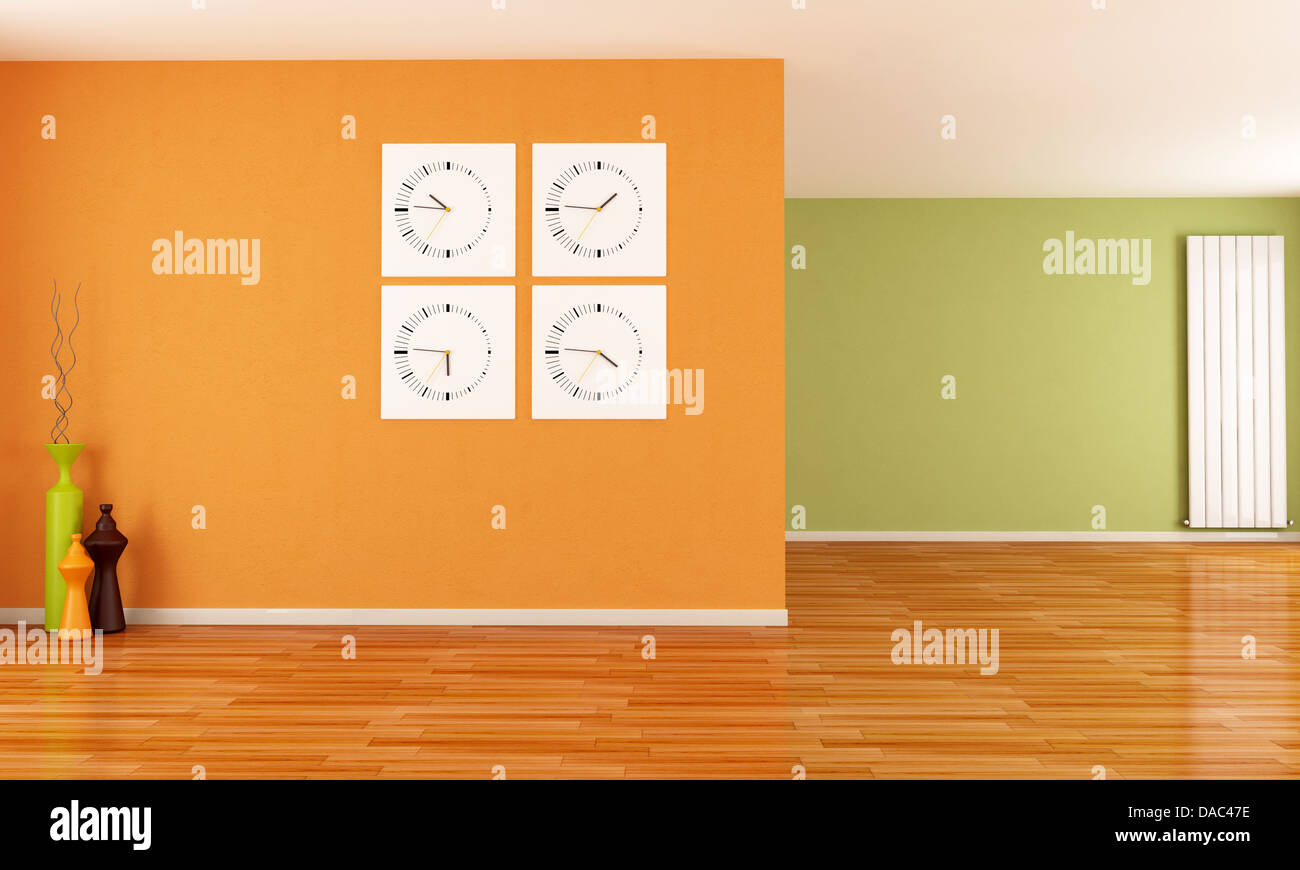orange and green empty interior with clocks and radiator - rendering ...