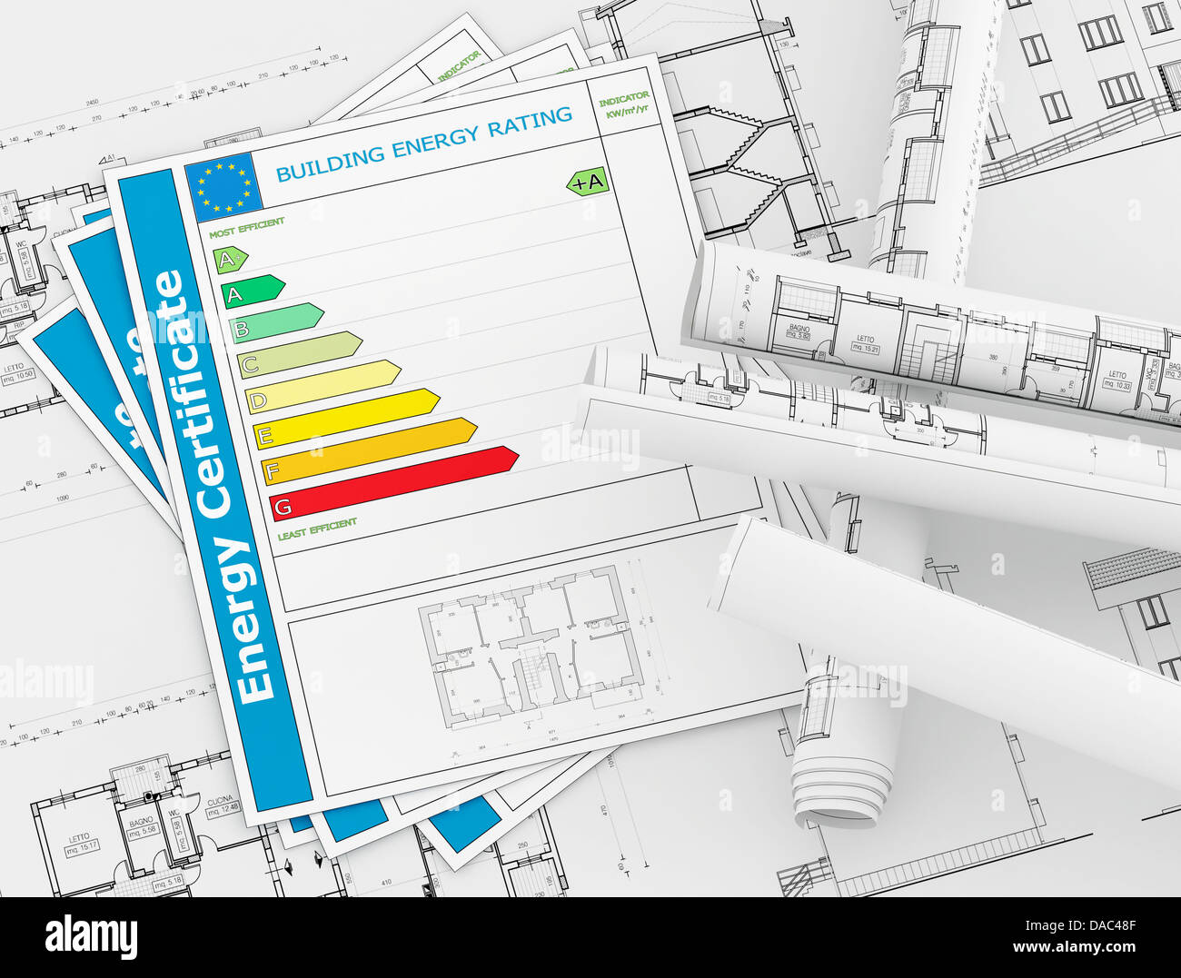 energy certificate with rolls of architecture blueprint - rendering ...