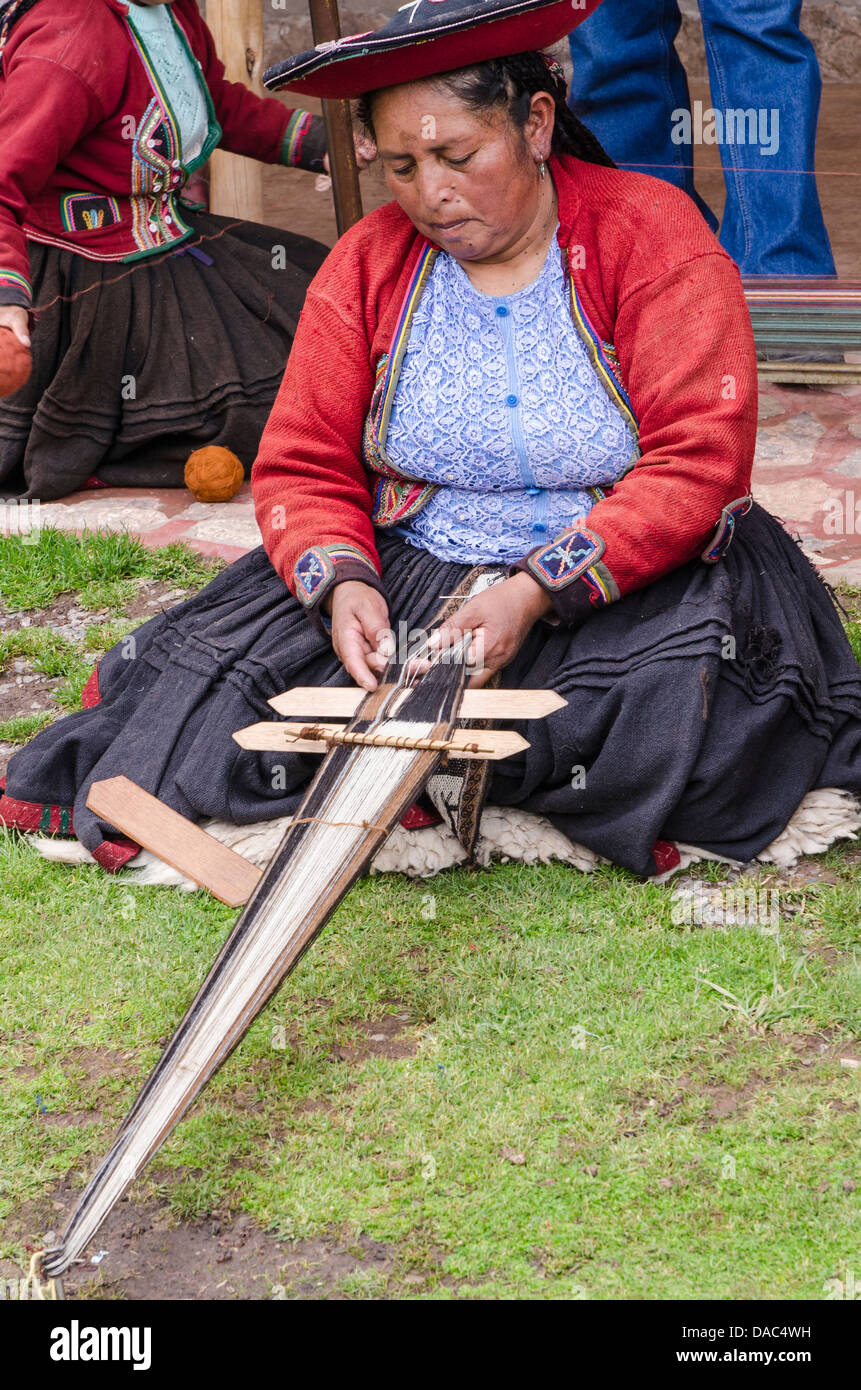Traditionally red dress costume clothing sweater Inca woman weaver ...