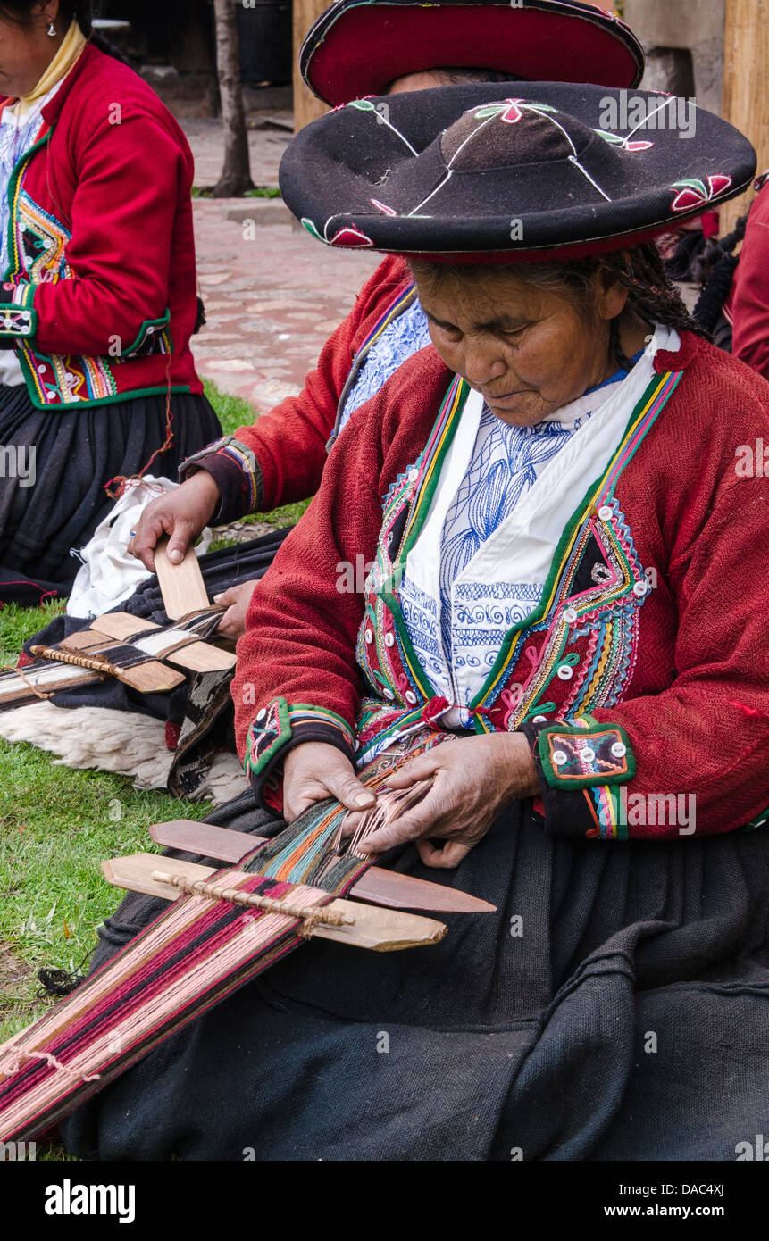 Traditionally red dress costume clothing sweater Inca woman weaver ...