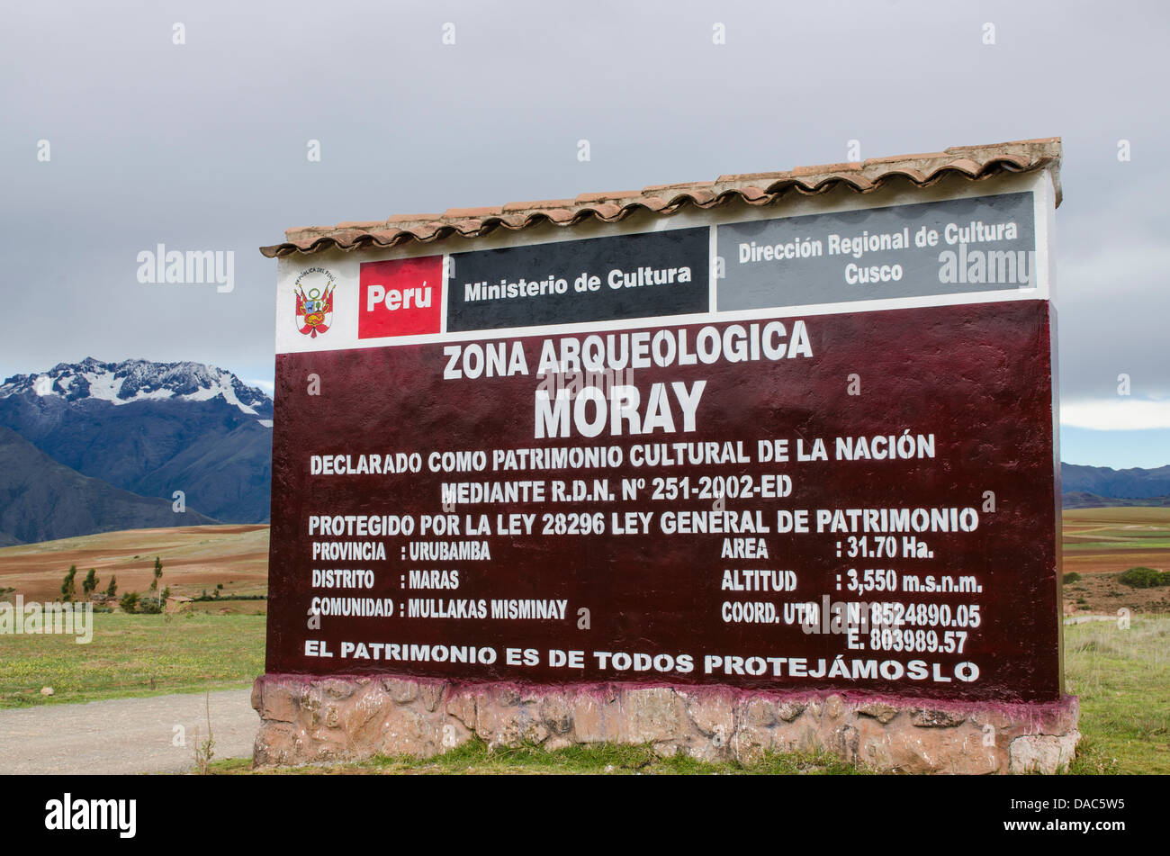 Entrance sign at ancient Moray Incan terraced agricultural laboratory ...