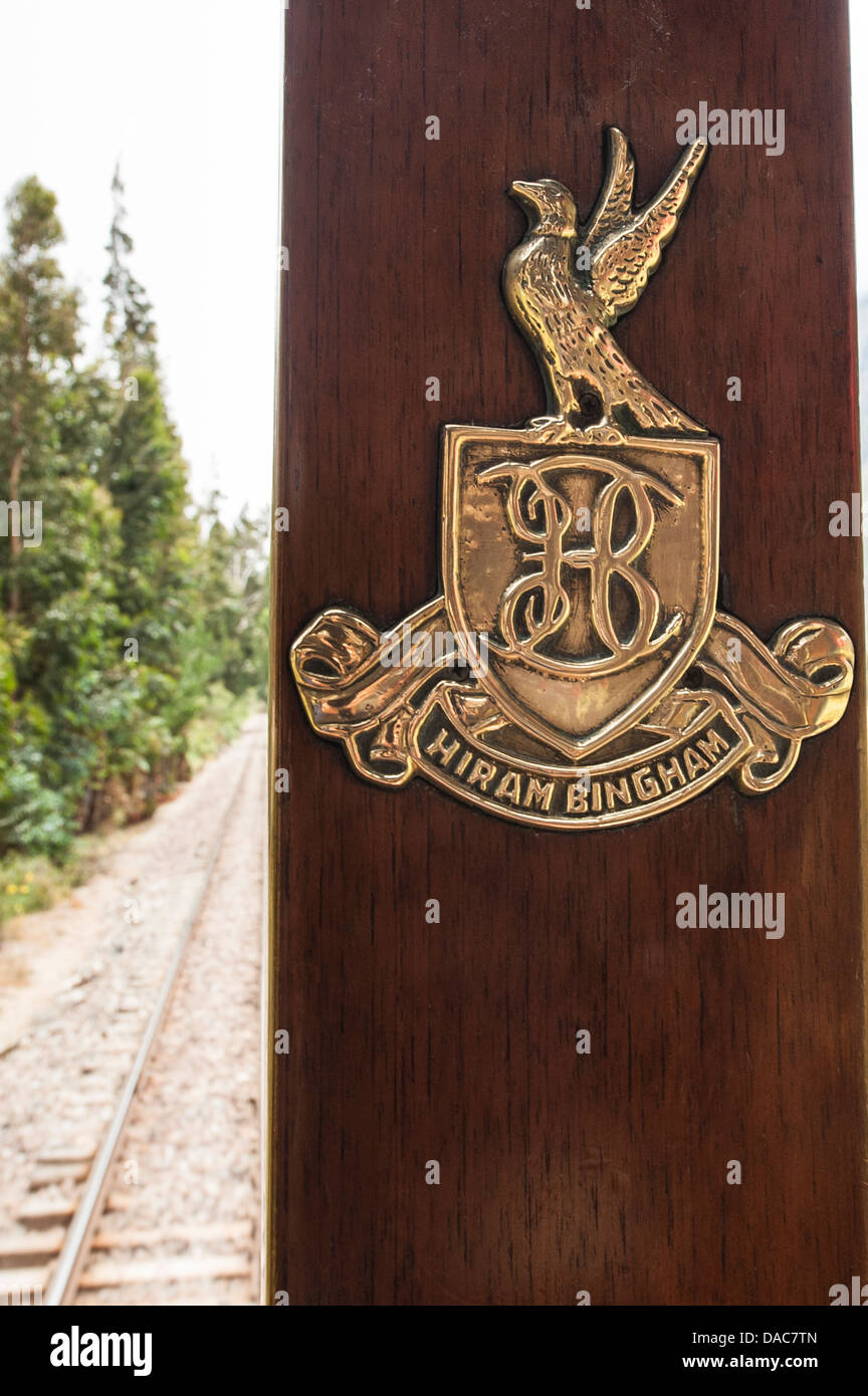 A Hiram Bingham crest aboard a train car carriage at the Ollantaytambo ...
