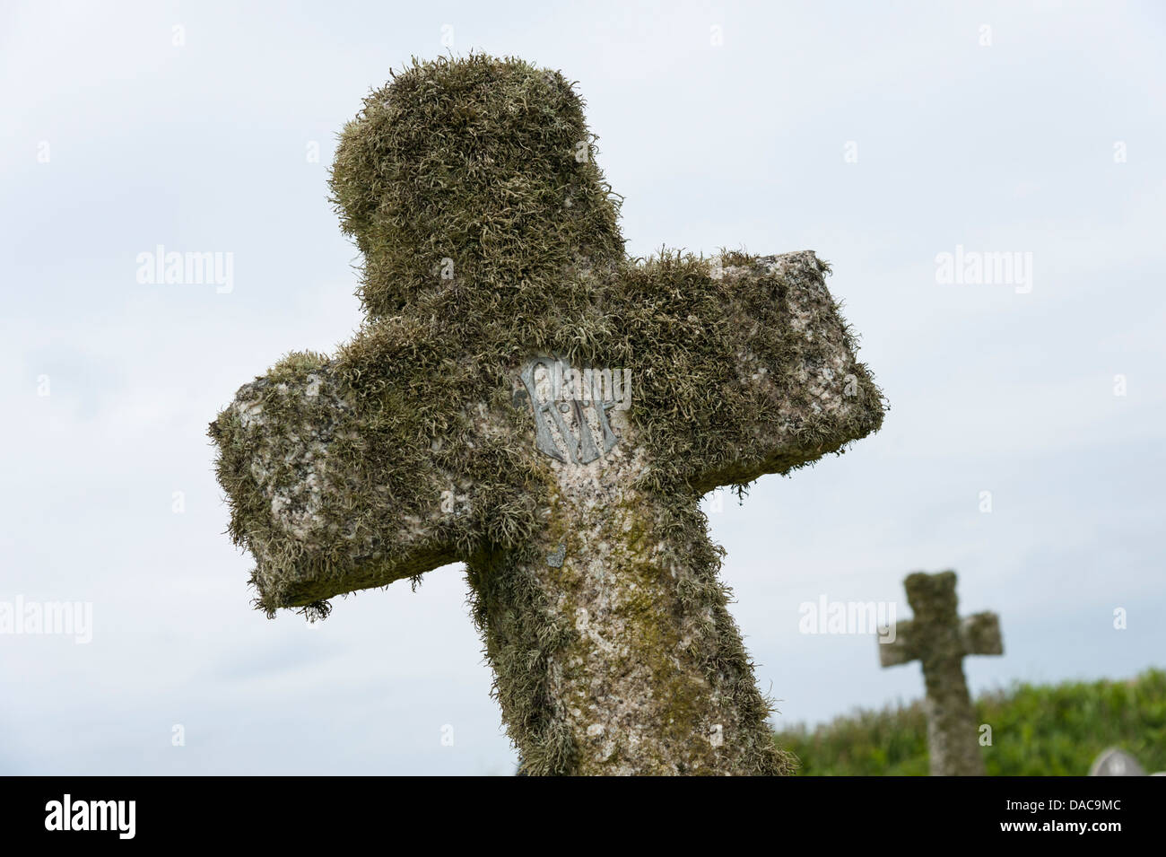 A gravestone cross covered in moss at St Eval Church North Cornwall UK ...