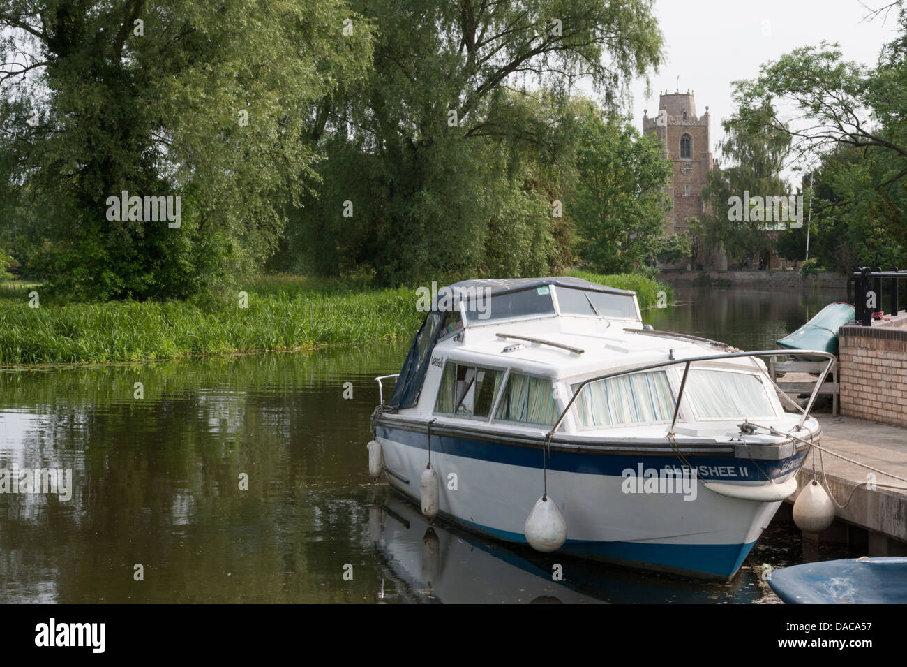 A pleasure boat moored on the River Great Ouse Hemingford Grey ...