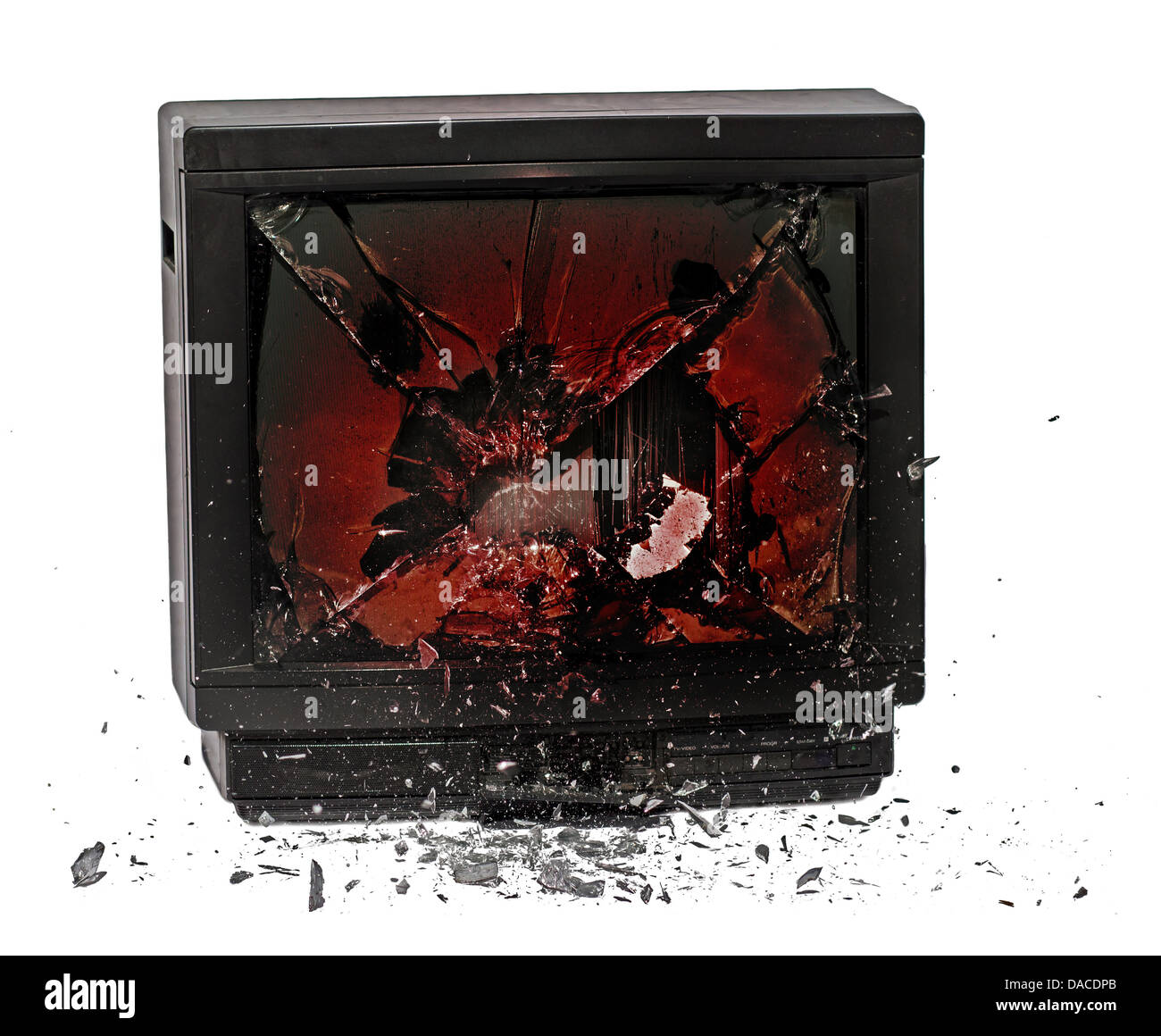 Television exploding isolated on white background Stock Photo - Alamy